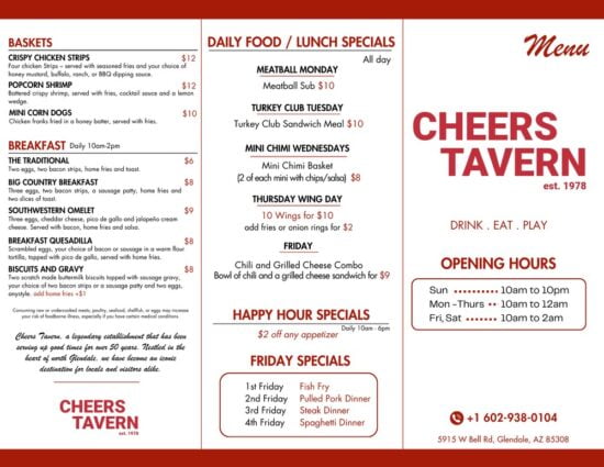 Our Menu - Cheers Tavern
