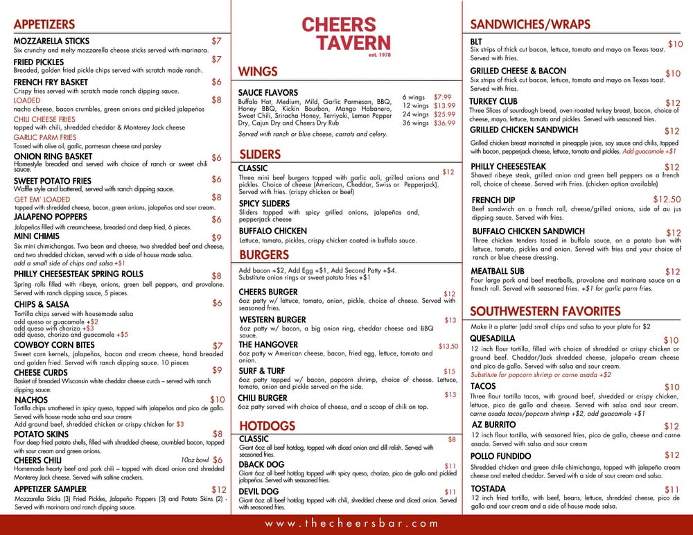 Our Menu - Cheers Tavern