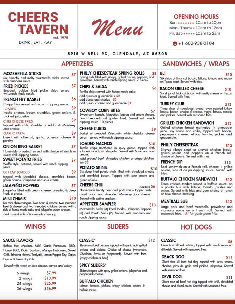 Our Menu - Cheers Tavern