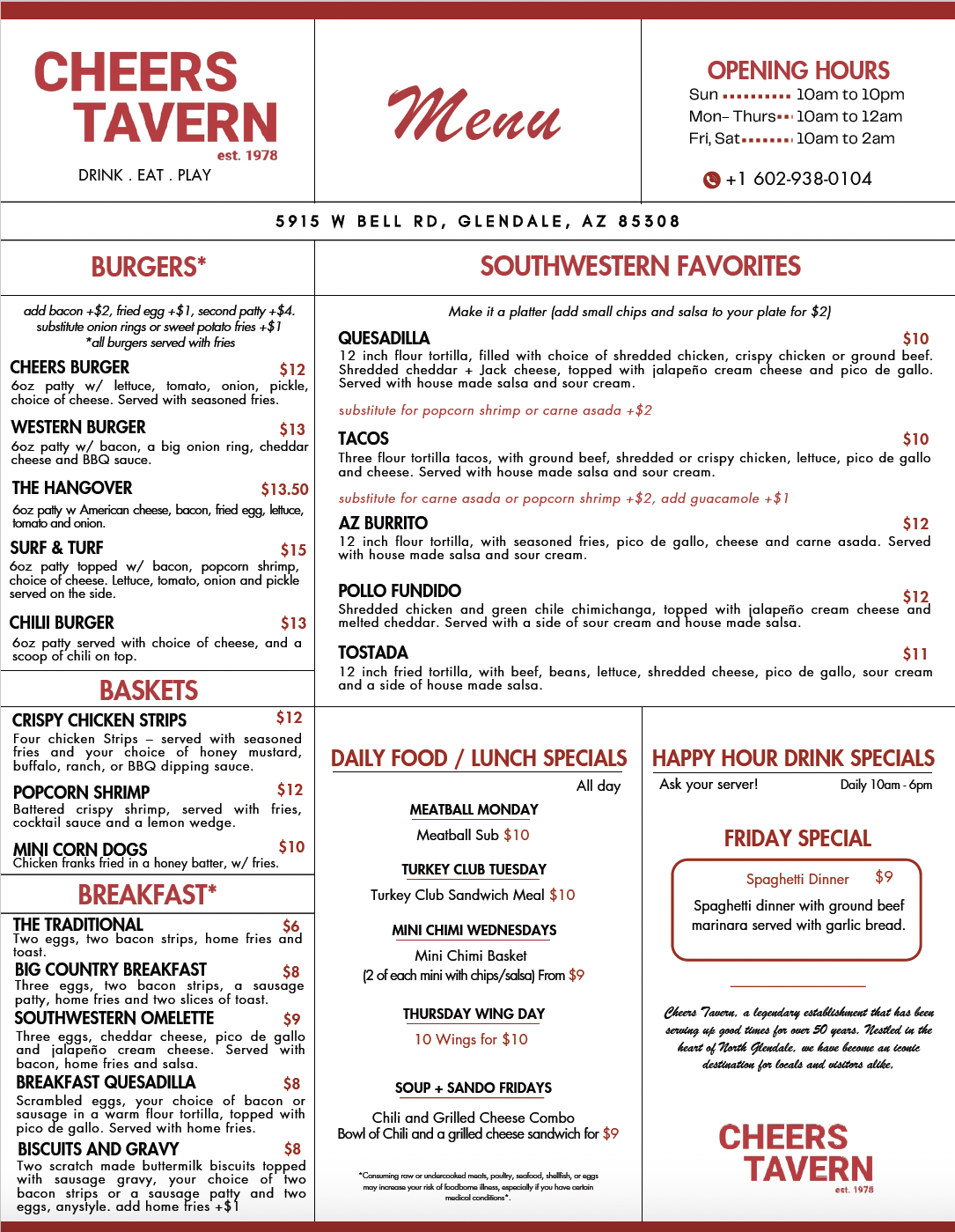 Our Menu - Cheers Tavern