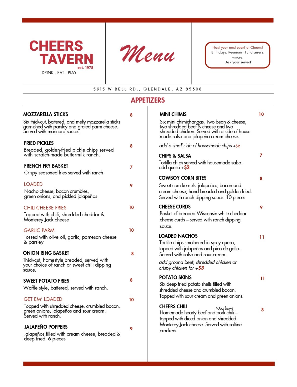 Our Menu - Cheers Tavern