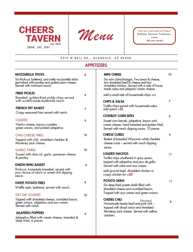 Our Menu - Cheers Tavern