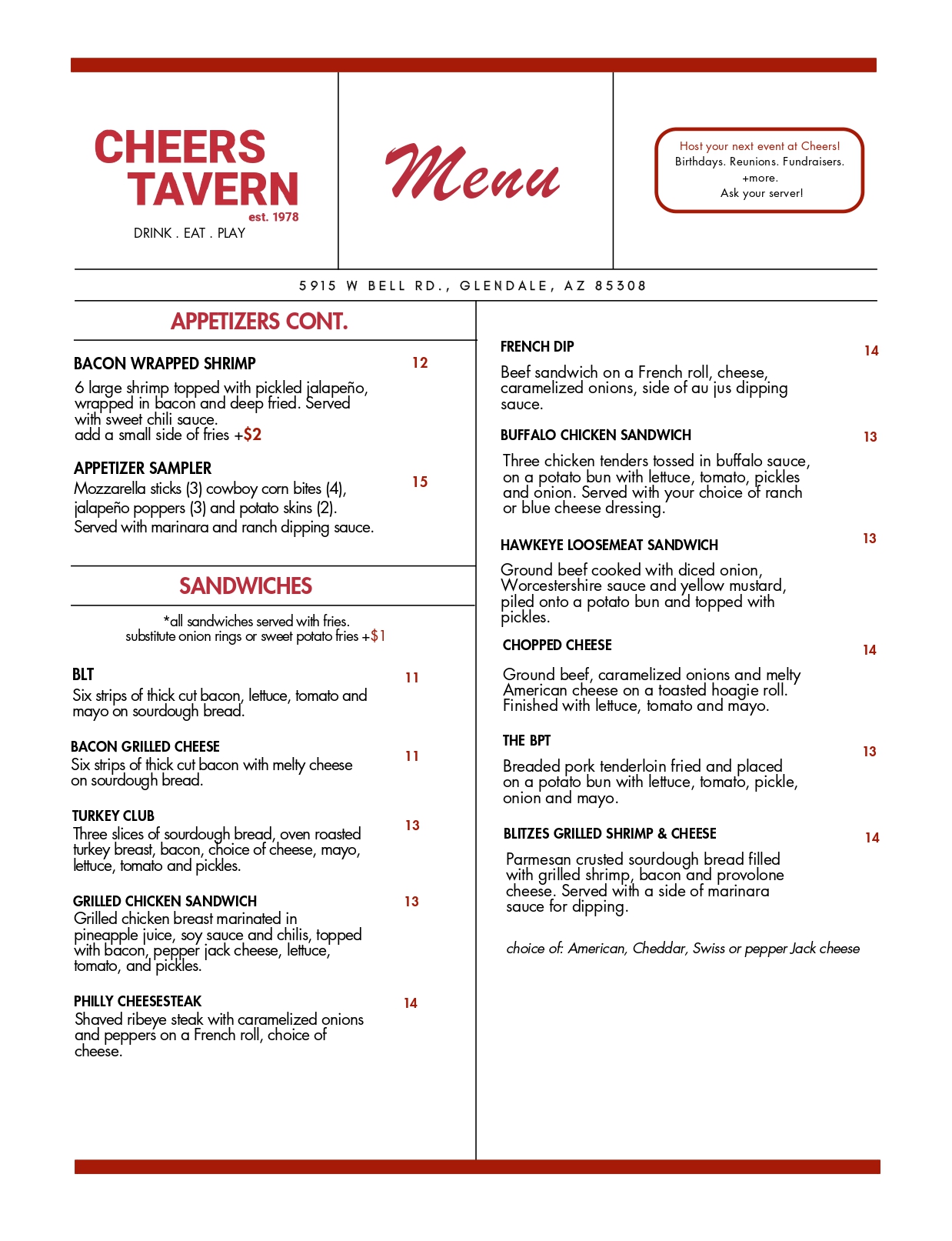 Our Menu - Cheers Tavern