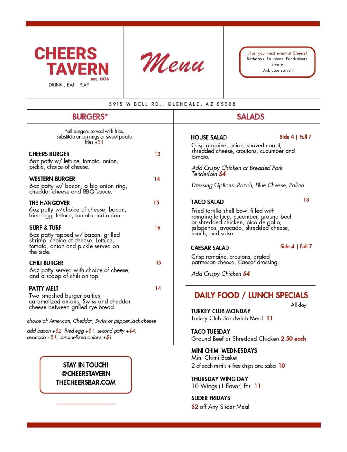 Our Menu - Cheers Tavern