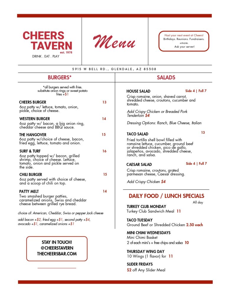 Our Menu - Cheers Tavern