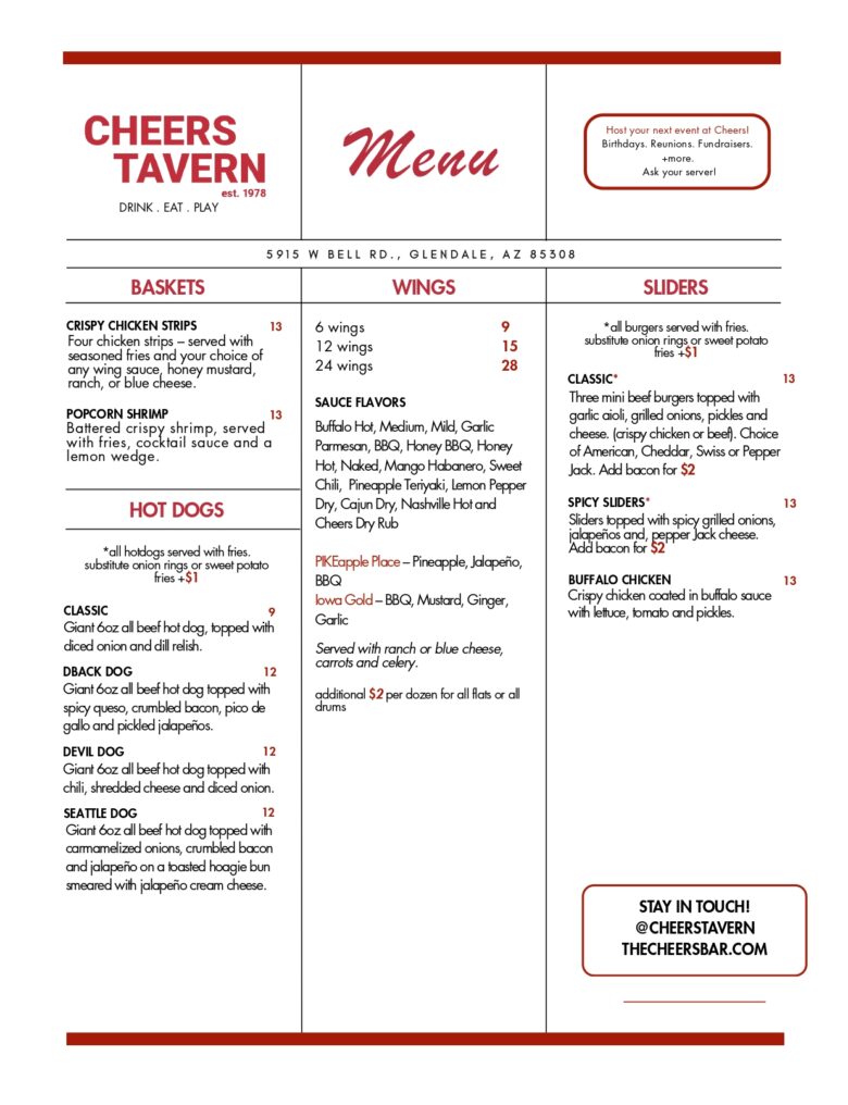 Our Menu - Cheers Tavern