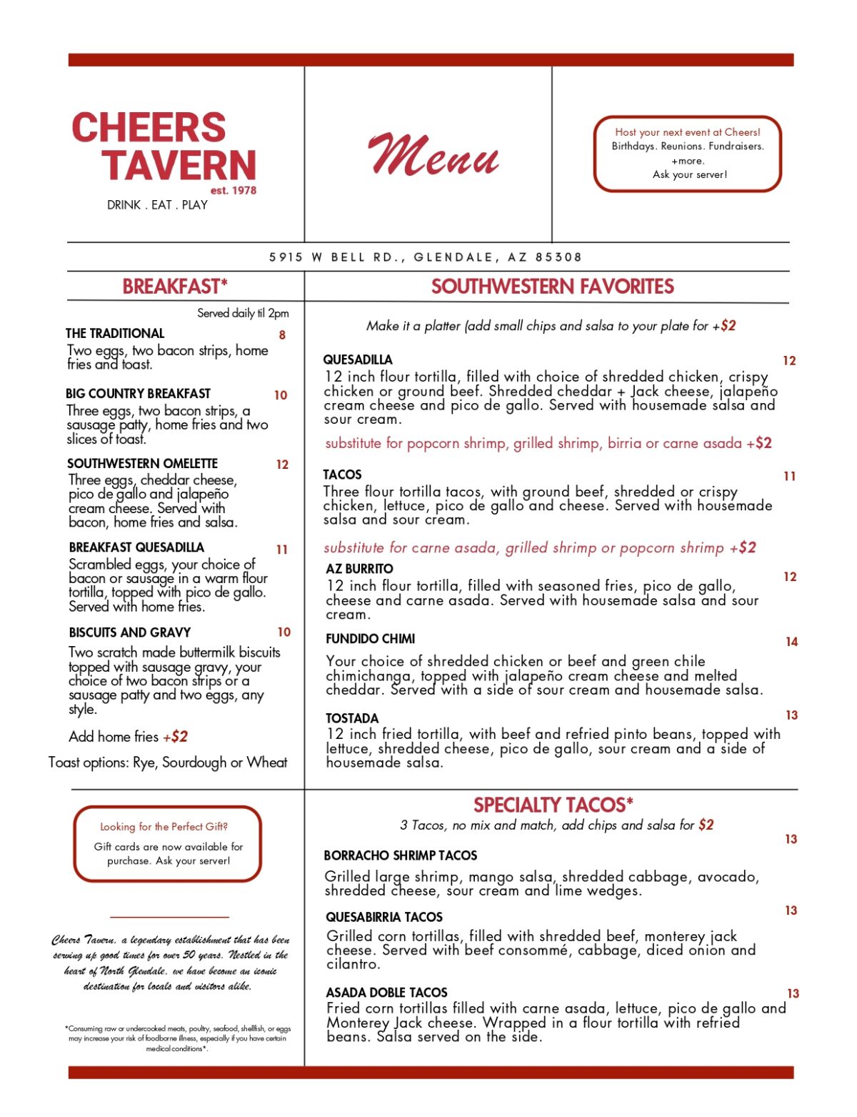 Our Menu - Cheers Tavern
